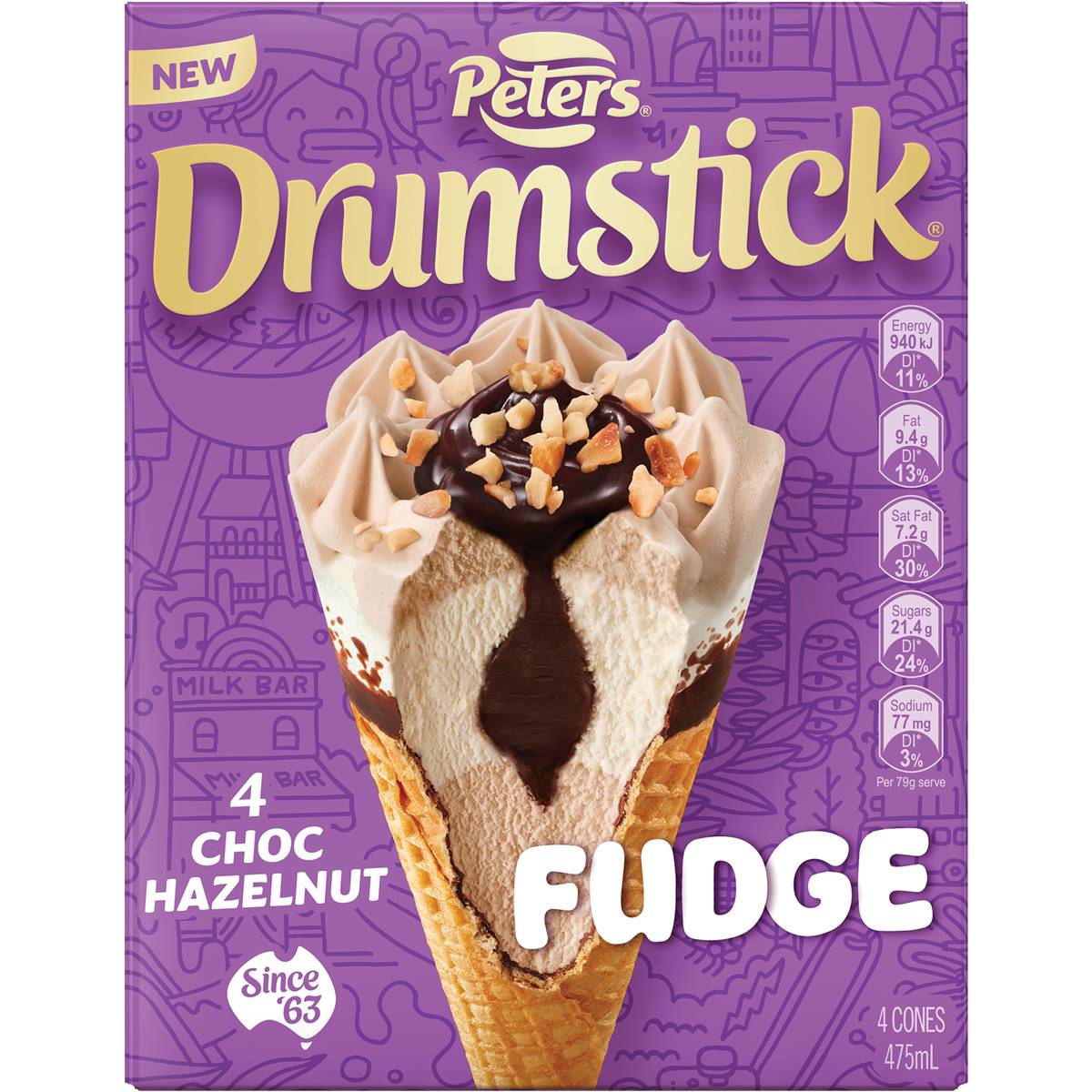 Peters Drumstick Fudge Choc Hazelnut Ice Cream Cones 4 Pack | Woolworths