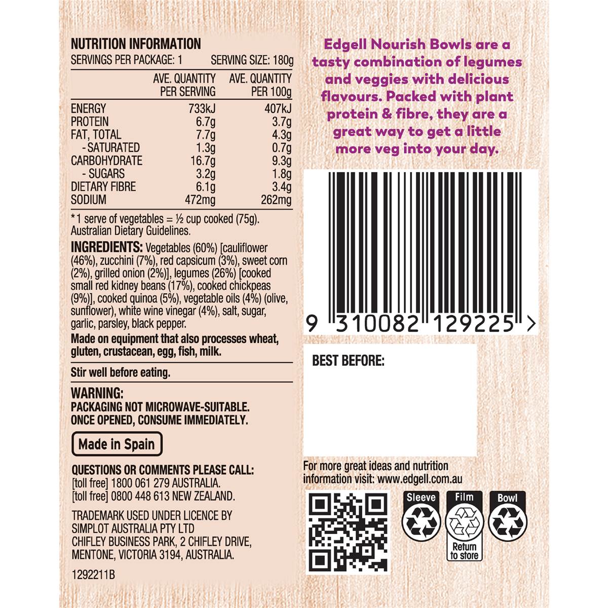 Edgell Nourish Bowl Zesty Cauli Rice Salad With Beans And Veggies 180g ...