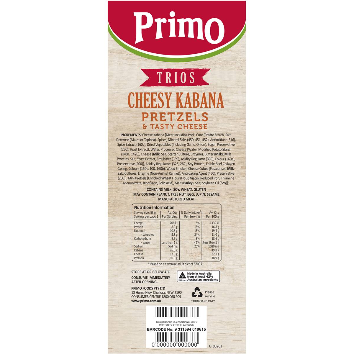 Primo Trios Cheesy Kabana Cheese & Pretzels 53g | Woolworths