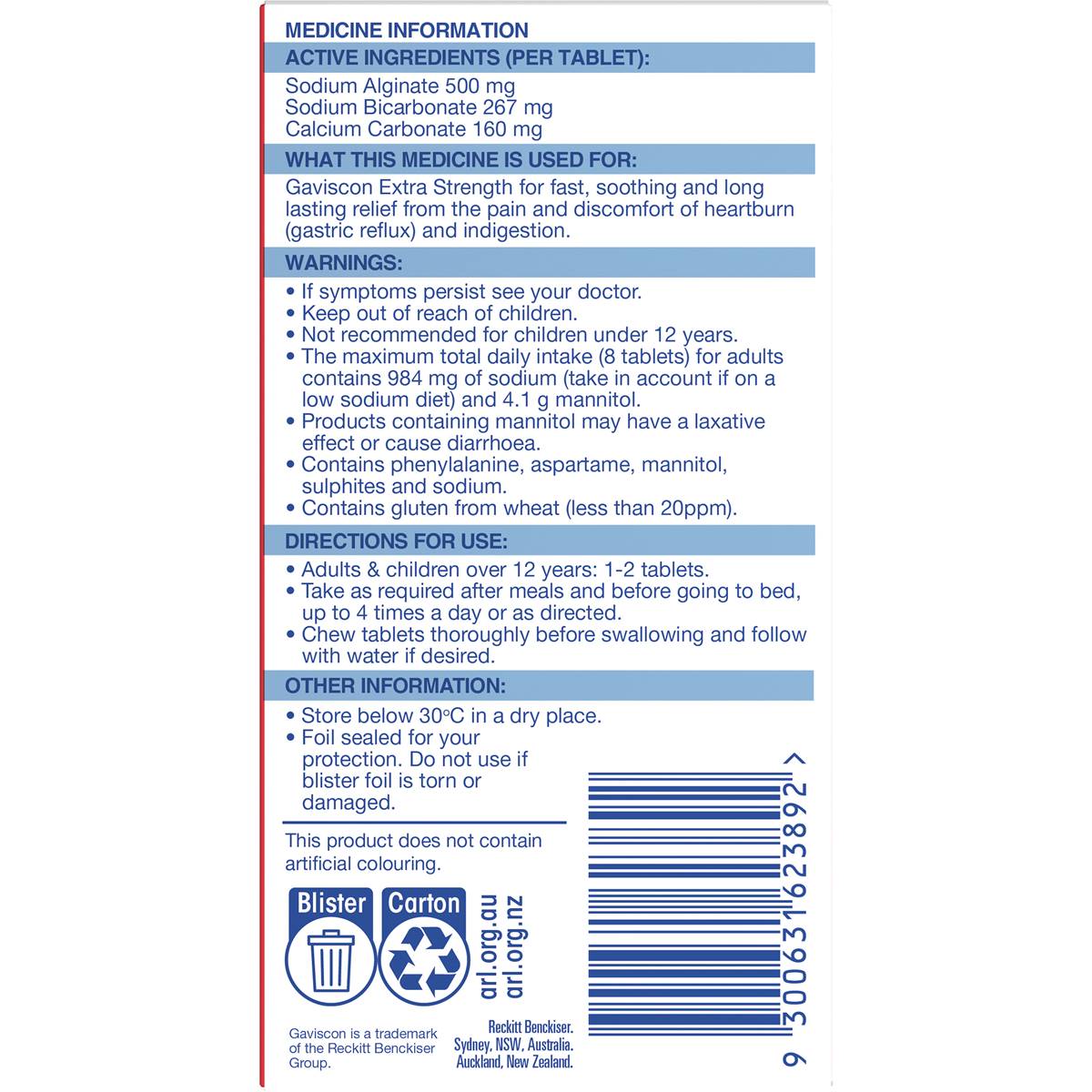 Gaviscon Extra Strength Peppermint Tablets For Acid Reflux Relief 24 ...