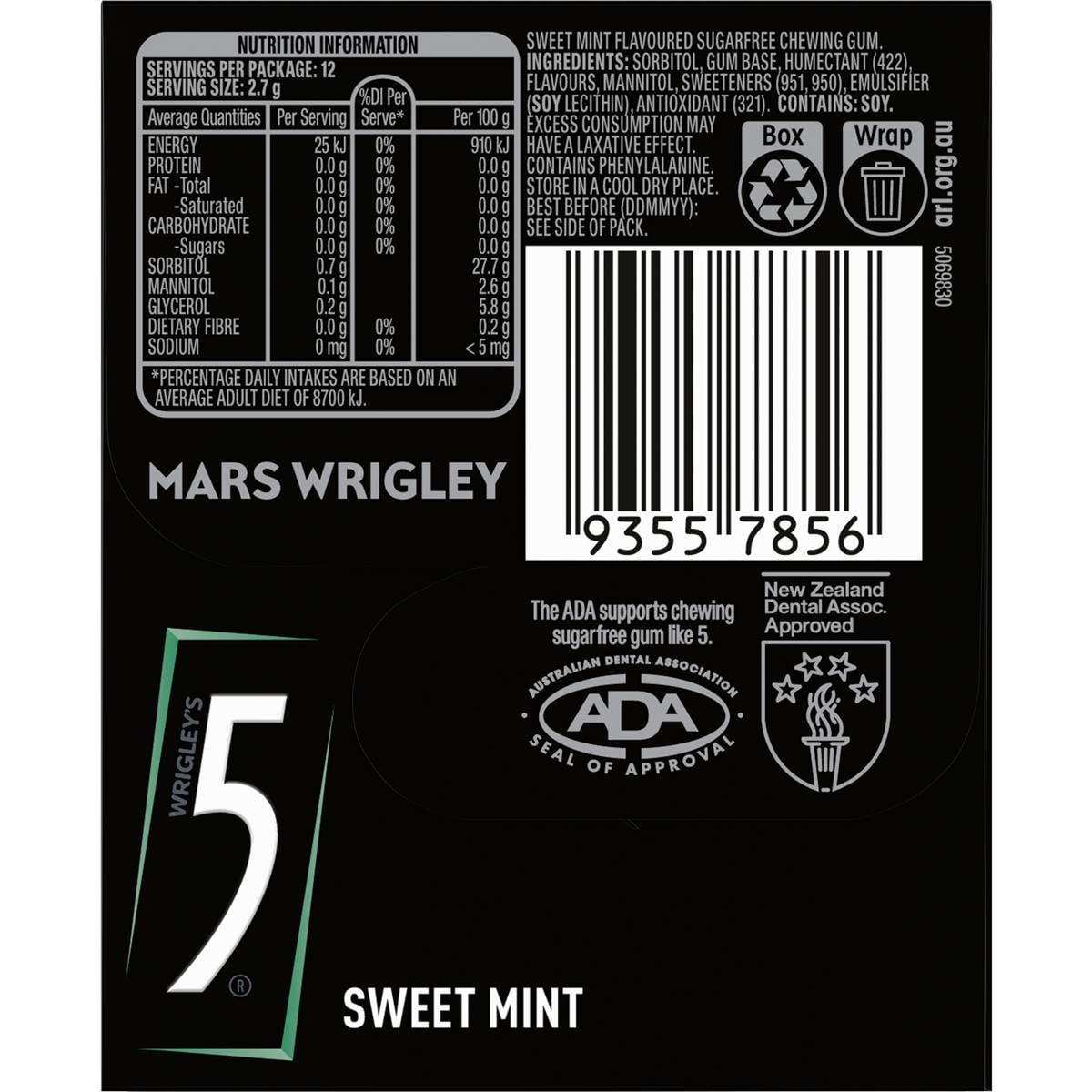 Wrigley's 5 Chewing Gum Sweet Mint 12 Pack | Woolworths