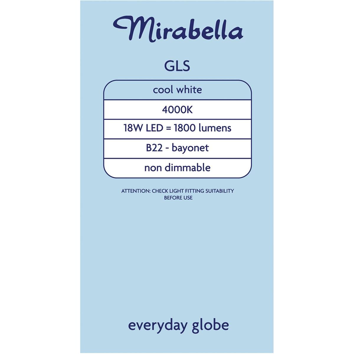 Mirabella Led Gls Bayonet Cap 18w 1800lm Cool White Light Globe Each ... Mirabella Led Gls Bayonet Cap 18w 1800lm Cool White Light Globe Each ...