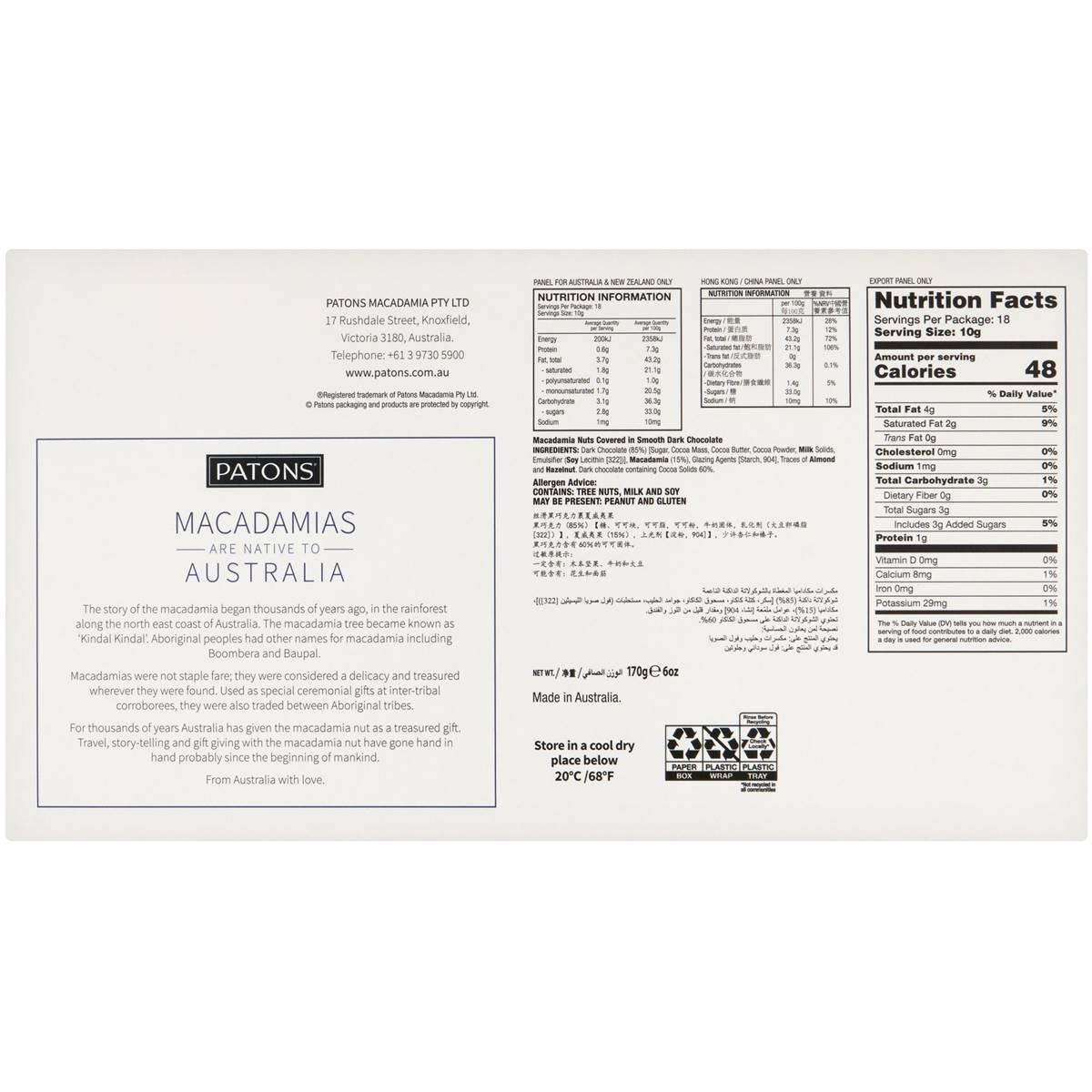 Paton's Premium Macadamias Dark Chocolate Tray 170g | Woolworths