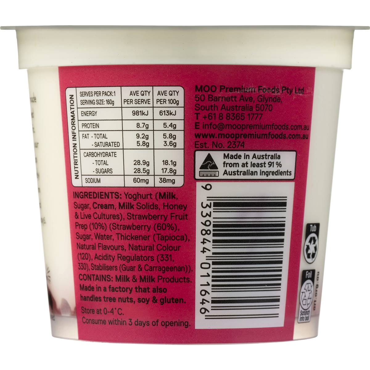 Moo Premium Yoghurt Strawberry 160g | Woolworths