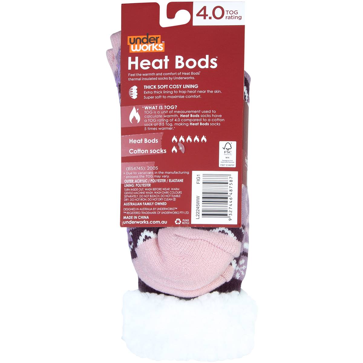 Underworks Heat Bods Thermal Insulated Socks Sherpa Purple Assorted ...