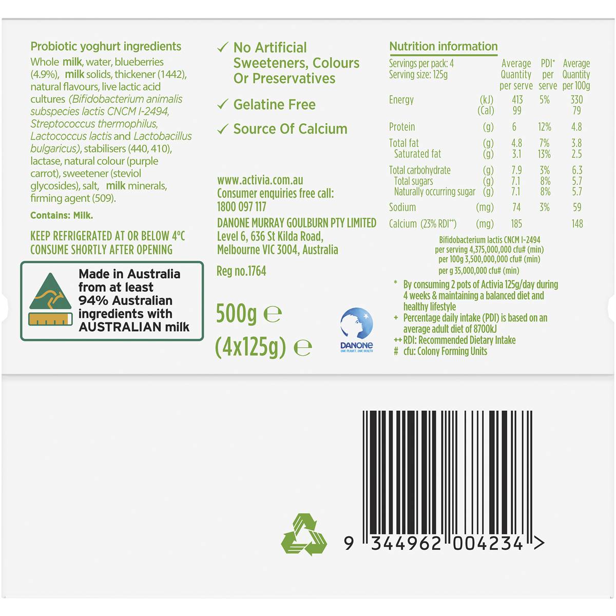 Activia Danone Probiotic Yoghurt No Added Sugar Blueberry 125g X 4 Pack ...