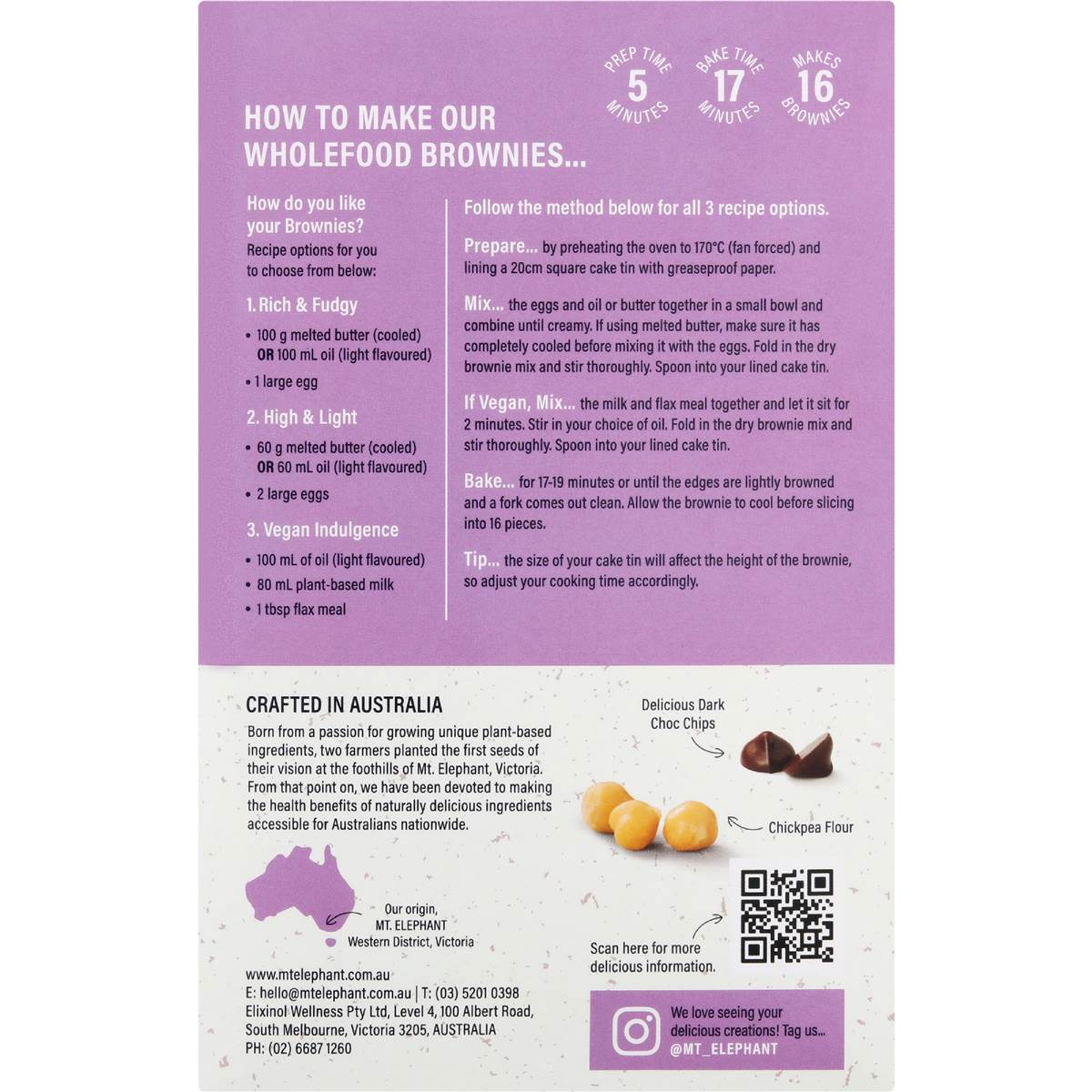 Mt Elephant Choc Chunk Wholefood Brownie Mix 350g | Woolworths