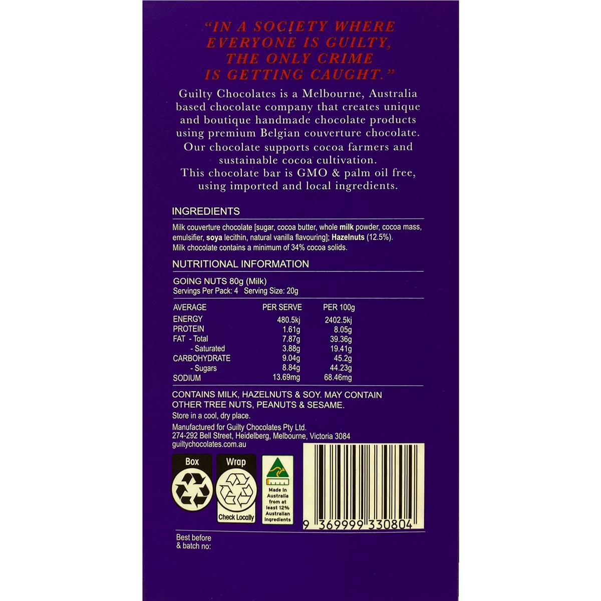 Guilty Chocolates Going Nuts Milk Chocolate Bar 80g | Woolworths