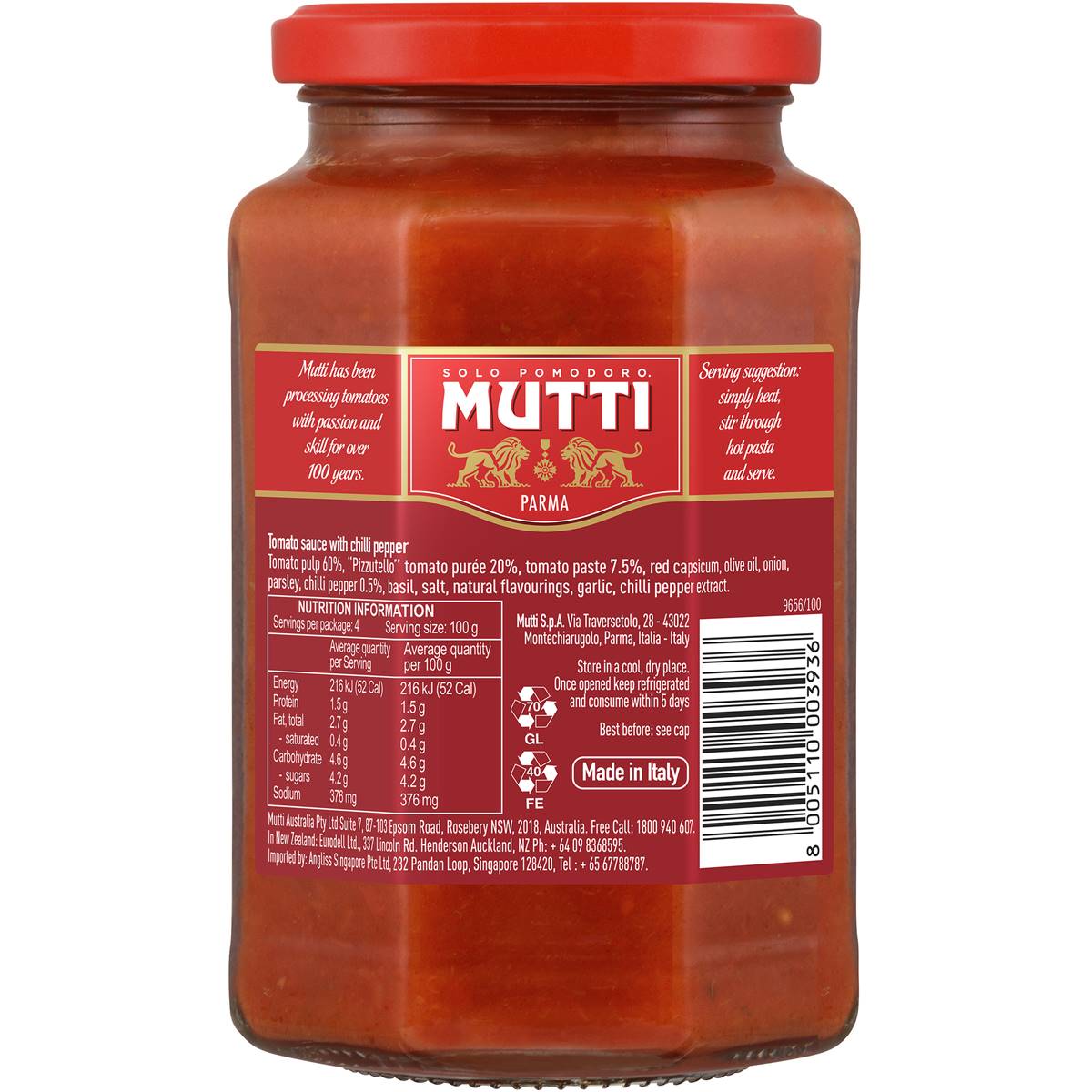 Mutti Gourmet Pasta Sauce Pizzutello Tomatoes Calabrian Chilli 400g ...