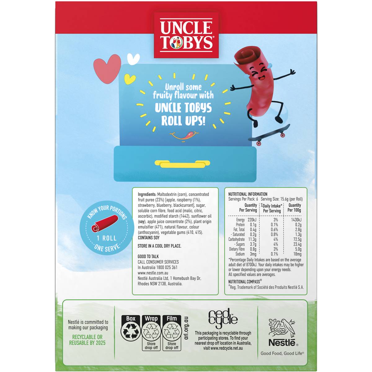 Uncle Tobys Roll Ups Berry Sour Flavour 6 Pack | Woolworths