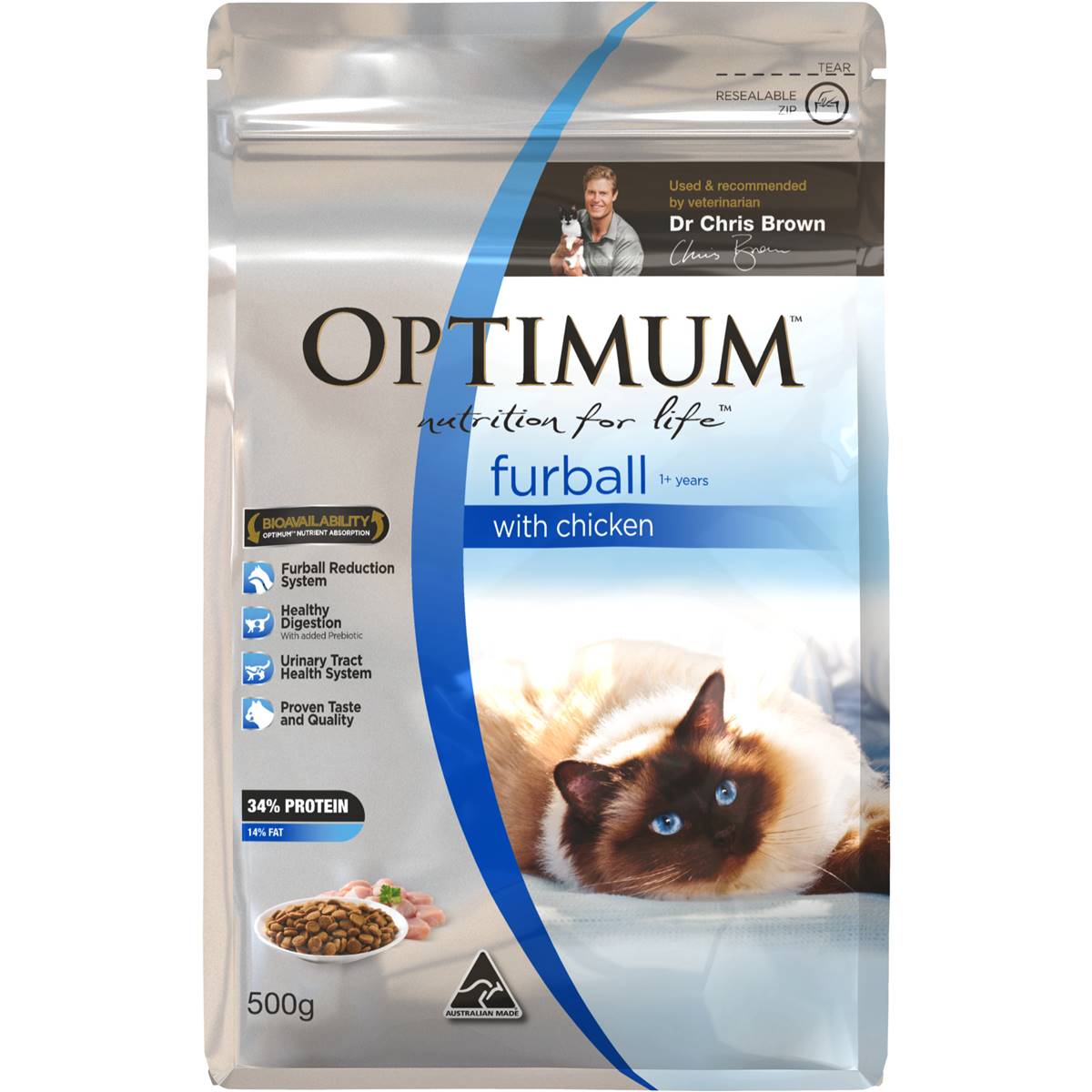 Optimum Furball With Chicken 1+ Years Dry Cat Food 500g | Woolworths