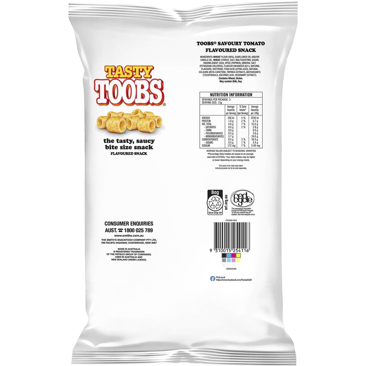 Tasty Toobs Tangy Snack Multipack 75g X 5 Pack | Woolworths
