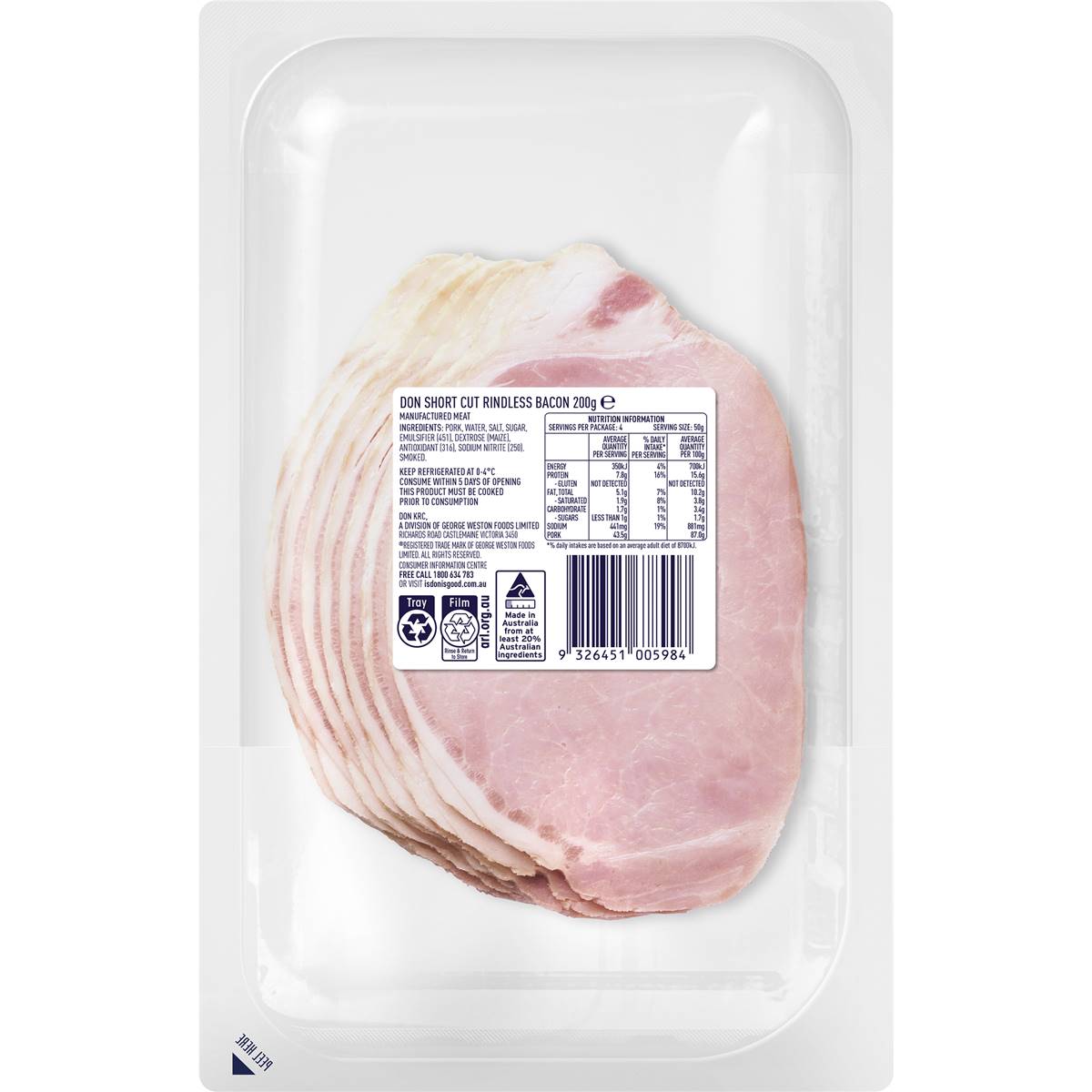 Don Short Cut Rindless Bacon 200g | Woolworths
