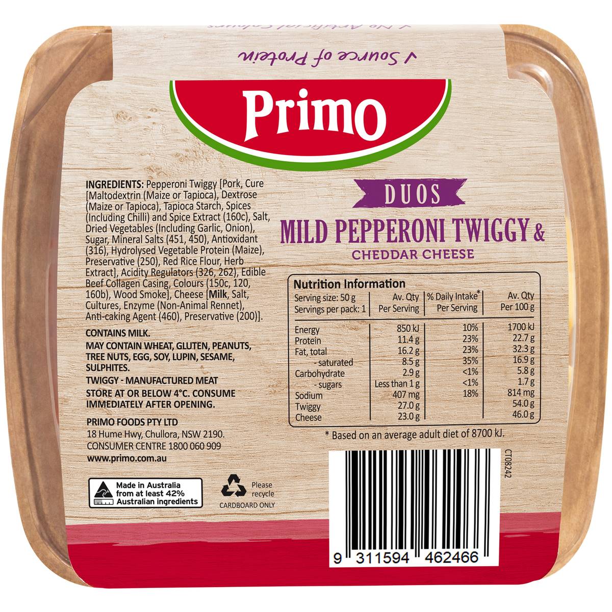 Primo Duos Mild Pepperni Twiggy & Cheese Snack 50g | Woolworths