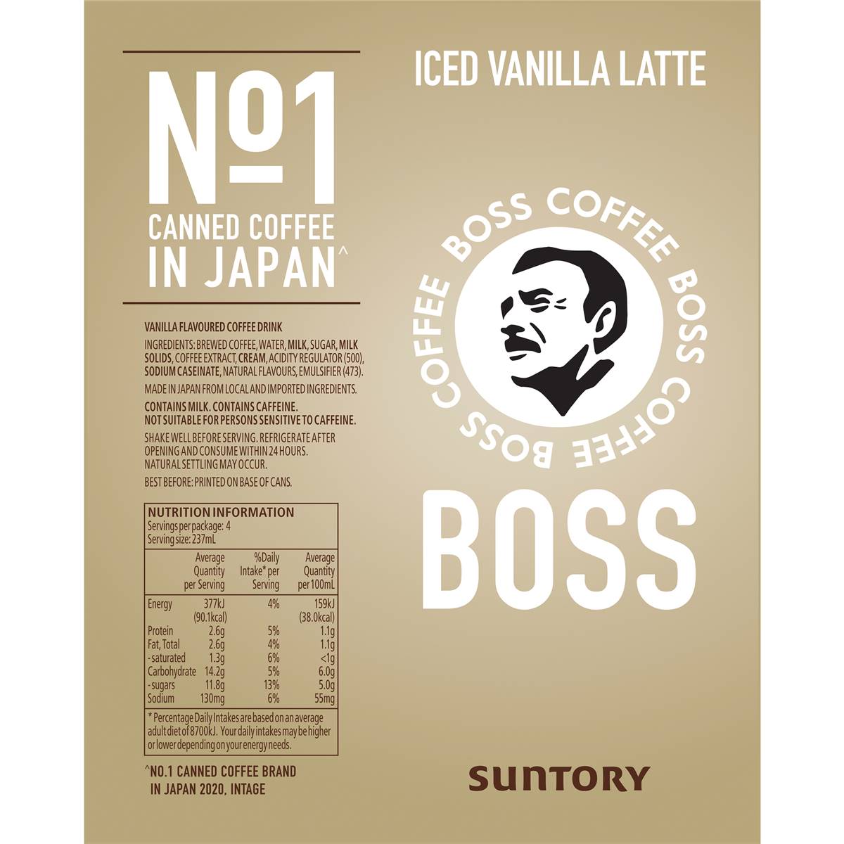 Suntory Boss Coffee Iced Vanilla Latte Cans 237ml X4 Pack | Woolworths