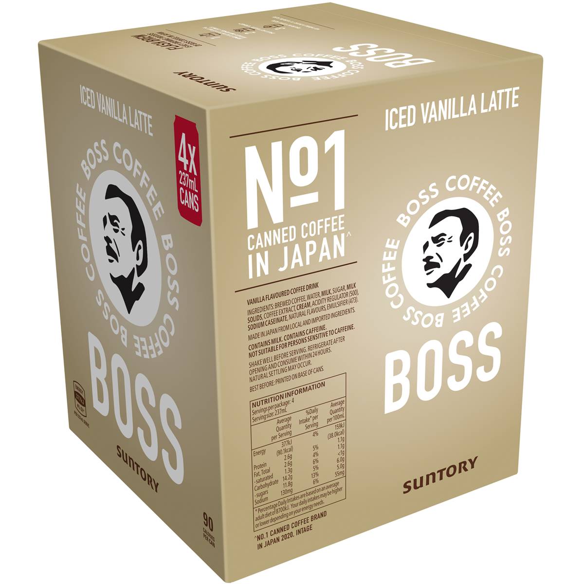 Suntory Boss Coffee Iced Vanilla Latte Cans 237ml X4 Pack | Woolworths