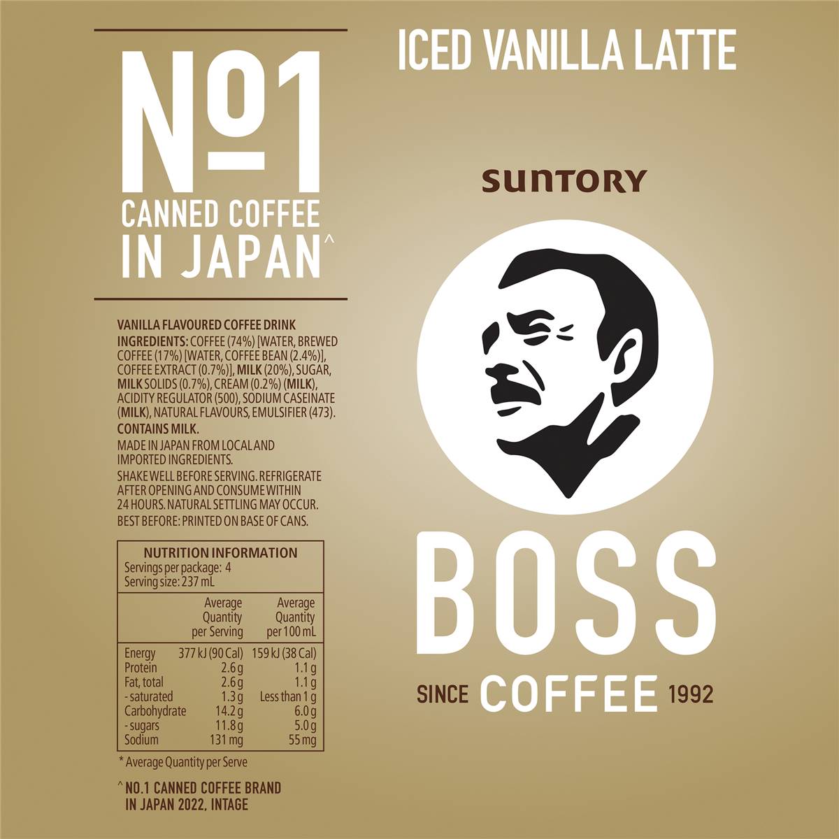 Suntory Boss Coffee Iced Vanilla Latte Cans 237ml X4 Pack | Woolworths