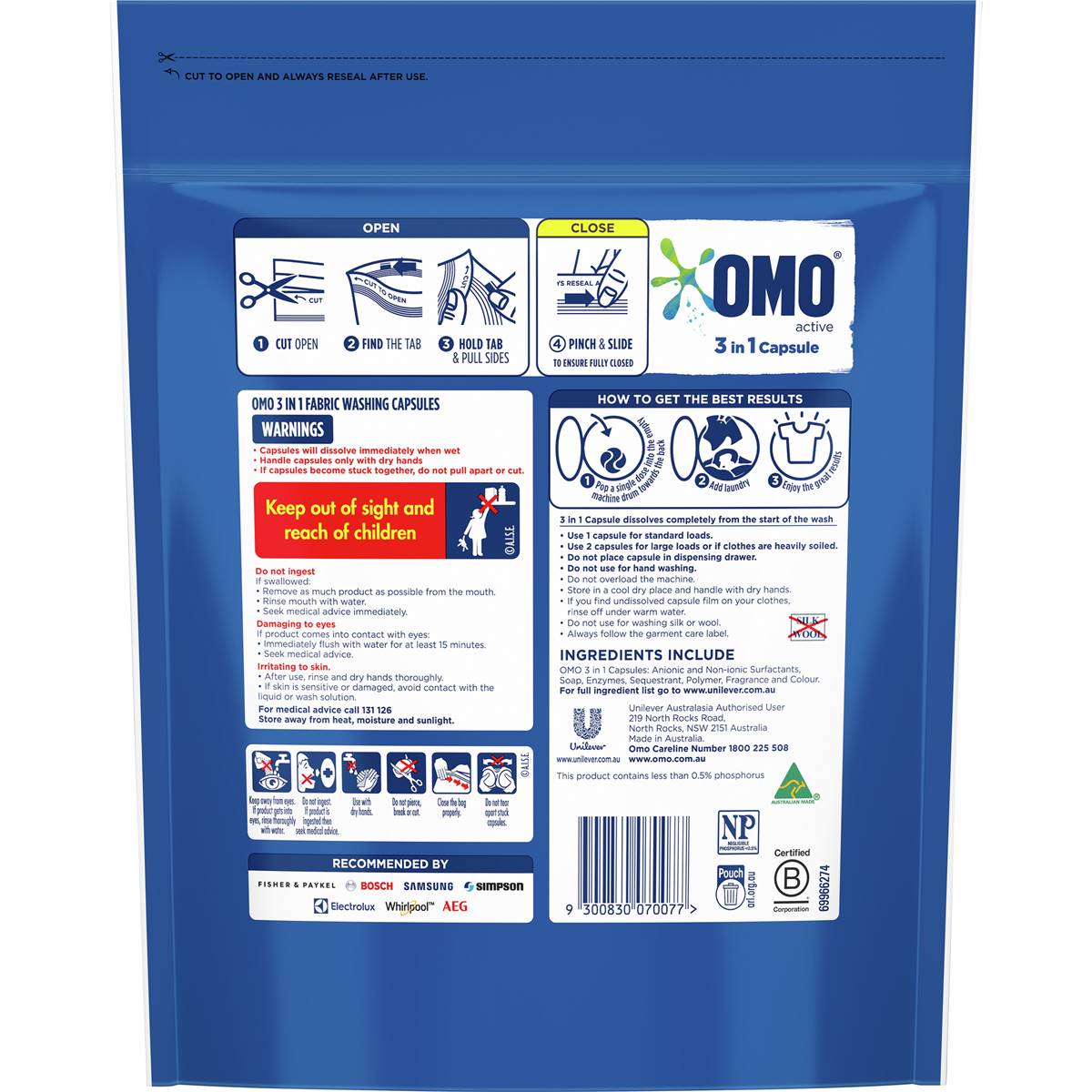 Omo Active 3-in-1 Laundry Capsules 60 Pack | Woolworths