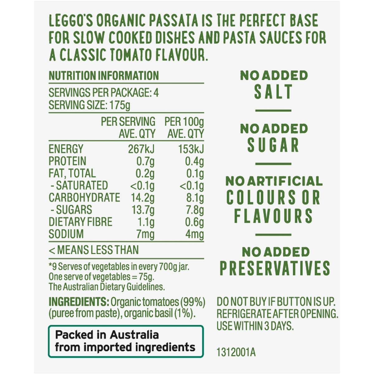 Leggos Organic Passata Tomato & Basil 700g | Woolworths