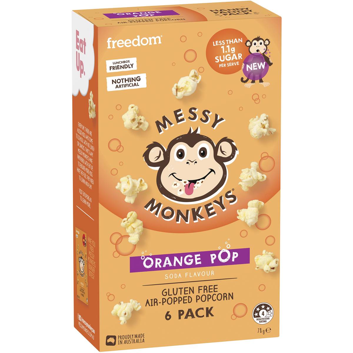 Messy Monkeys Gluten Free Air Popped Popcorn Orange Pop Soda Flavour 6 ...