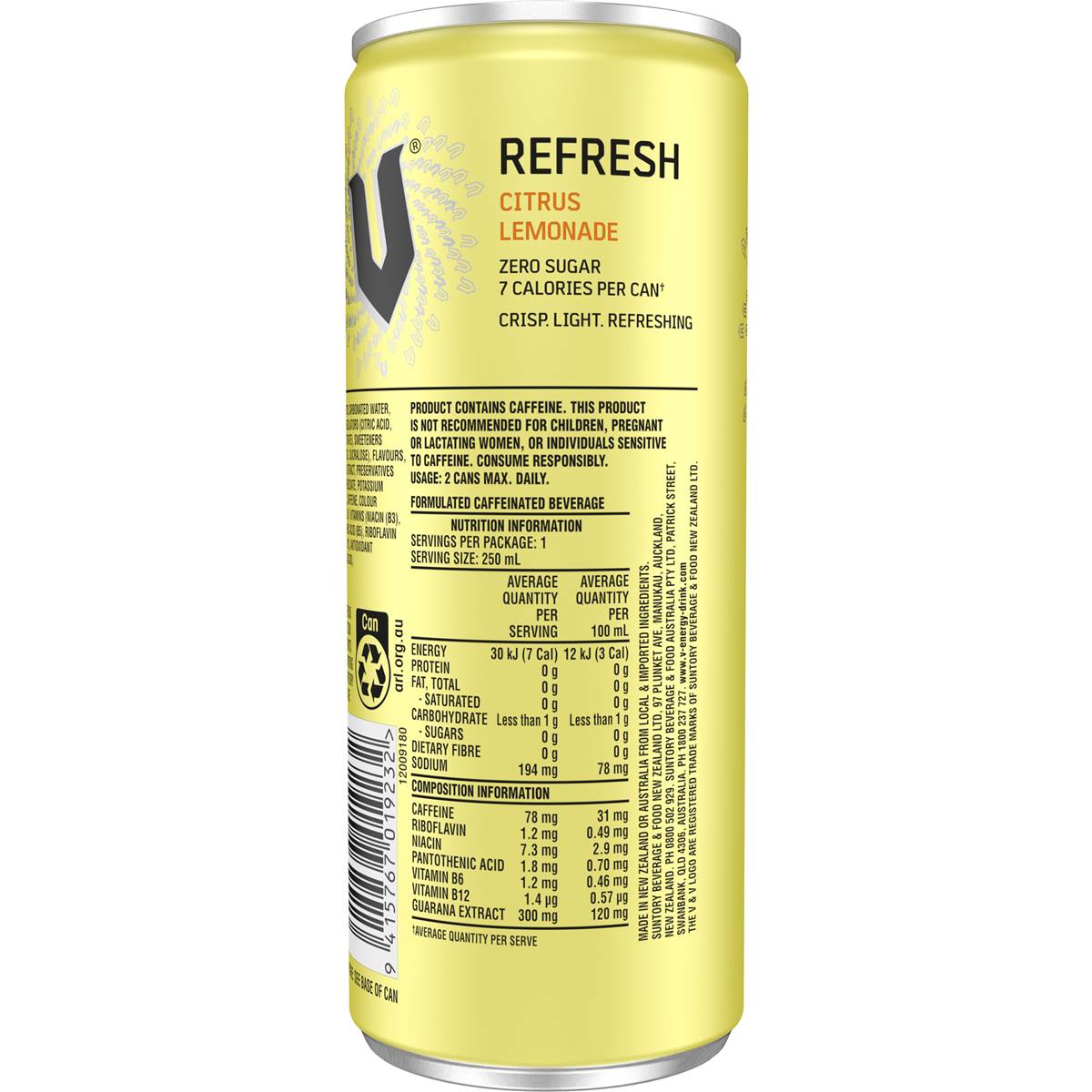 V Energy Refresh Citrus Lemonade Sugar Free Can 250ml | Woolworths