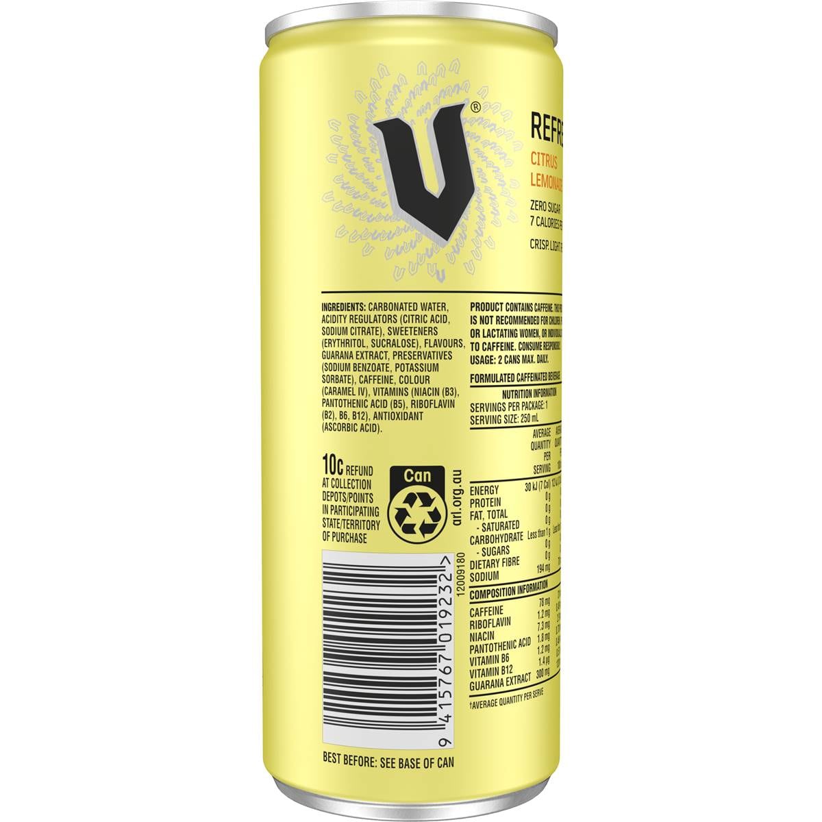 V Energy Refresh Citrus Lemonade Sugar Free Can 250ml | Woolworths