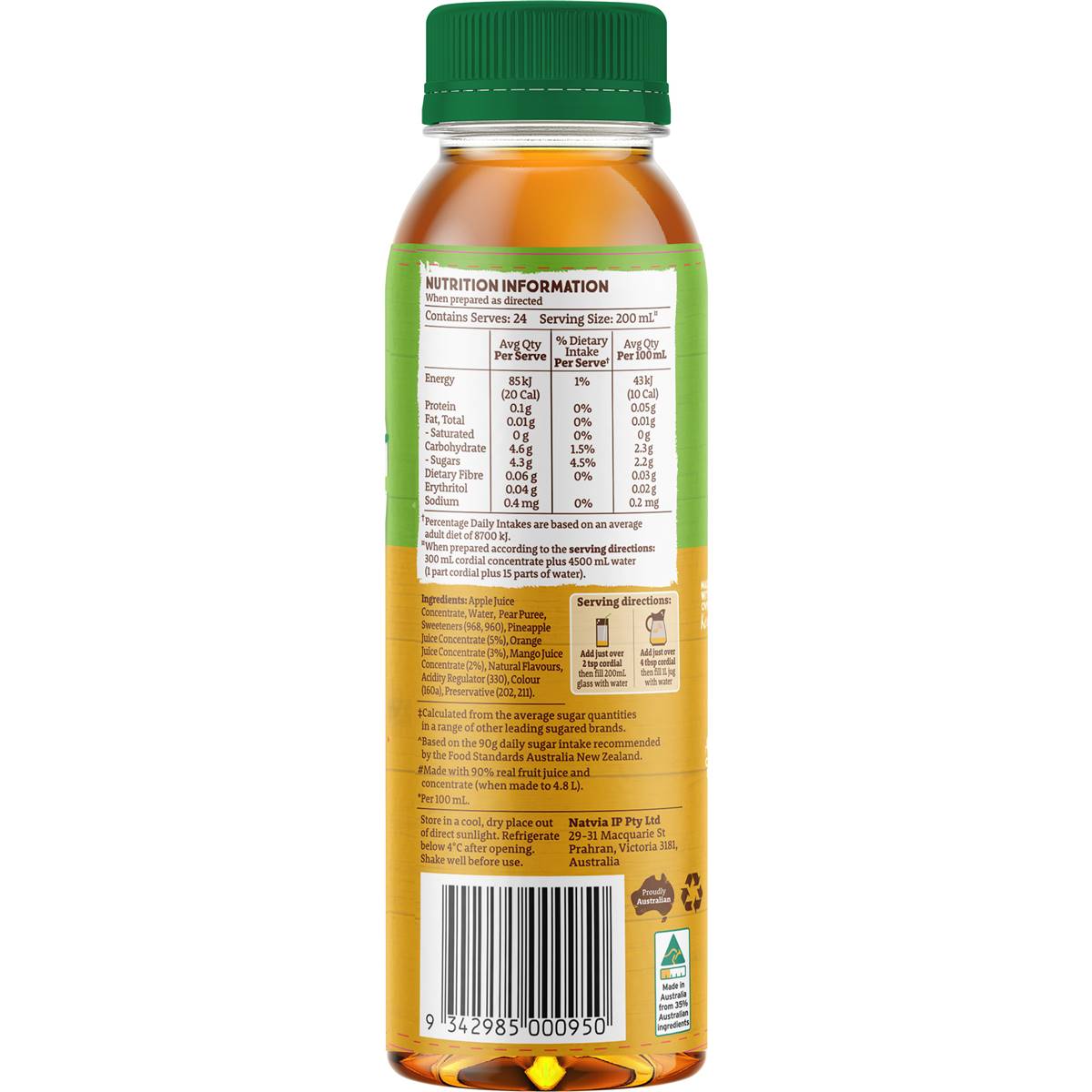 Natvia Tropical Paradise Cordial Concentrate 97% Sugar Free 300ml ...