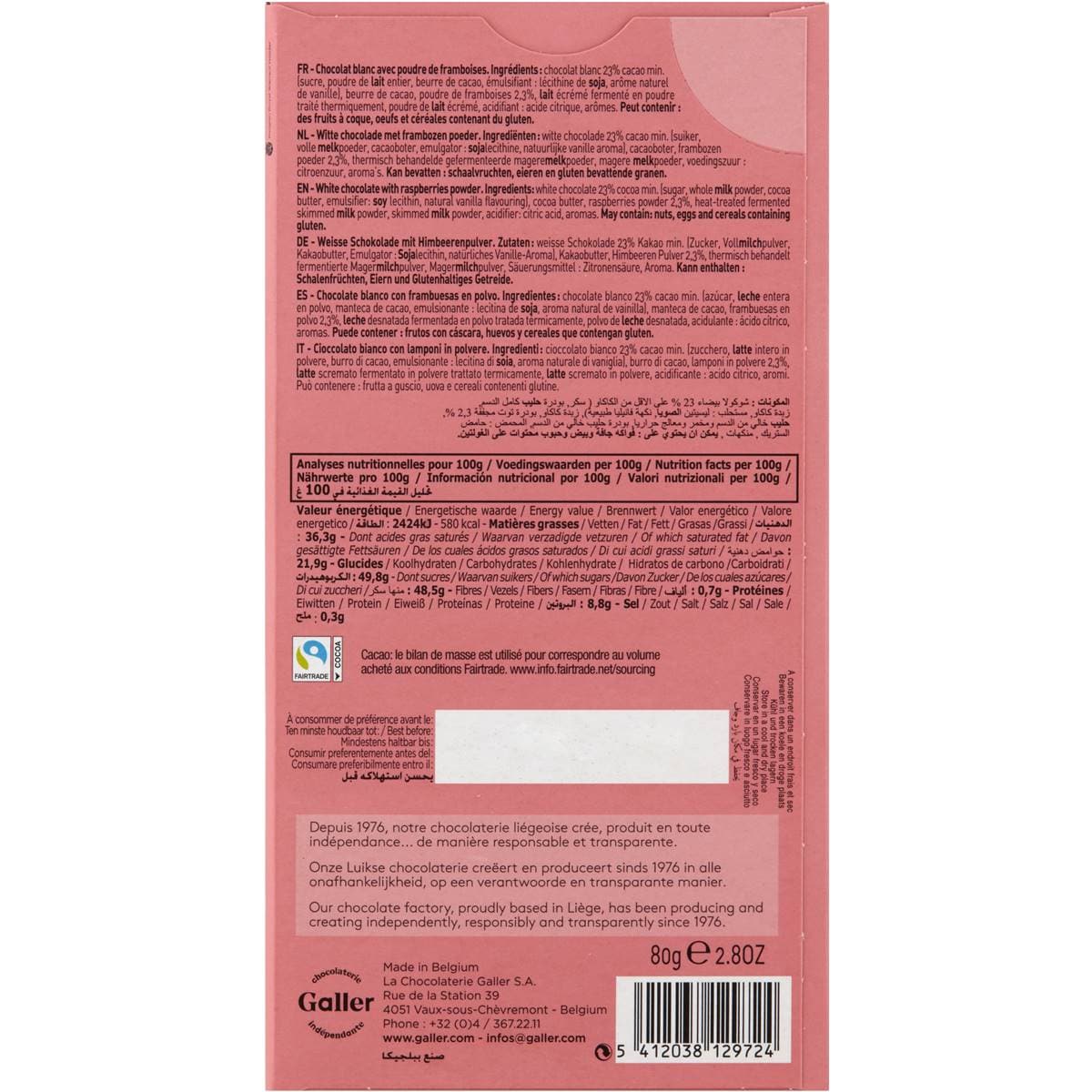 Galler White Chocolate & Raspberry Chocolate Bar 80g | Woolworths