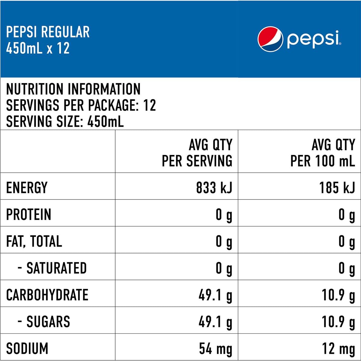 Pepsi Cola Soft Drink Bottles Multipack 450ml X 12 Pack | Woolworths
