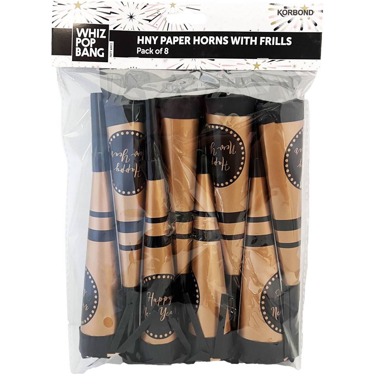 Whiz Pop Bang Paper Horn With Frills 8pk Blk 8 Pack | Woolworths