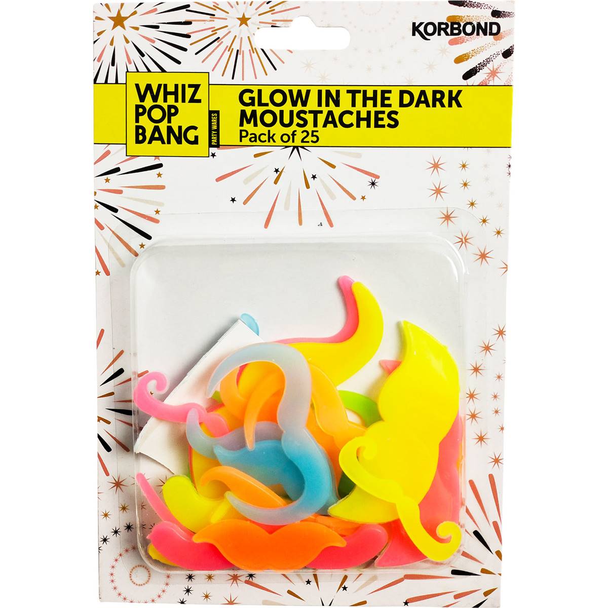 Whiz Pop Bang Glow In The Dark Moustaches 25 Pack | Woolworths