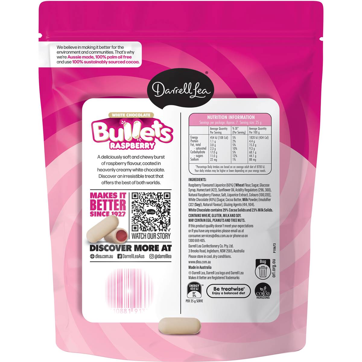 Darrell Lea White Chocolate Raspberry Bullets Share Bag 180g | Woolworths