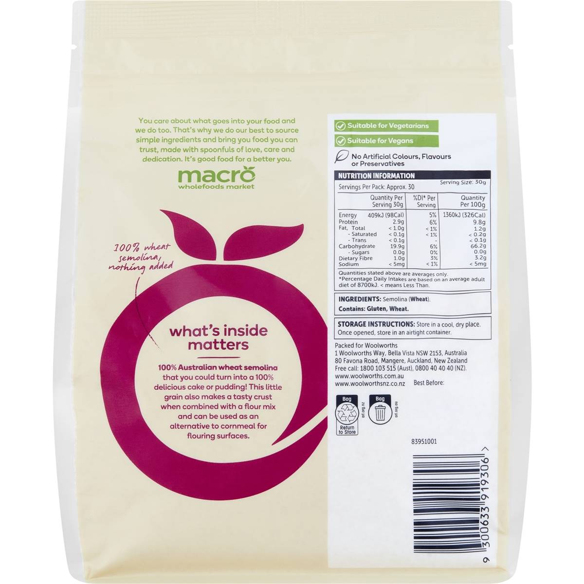 Macro Natural Semolina Flour 925g | Woolworths