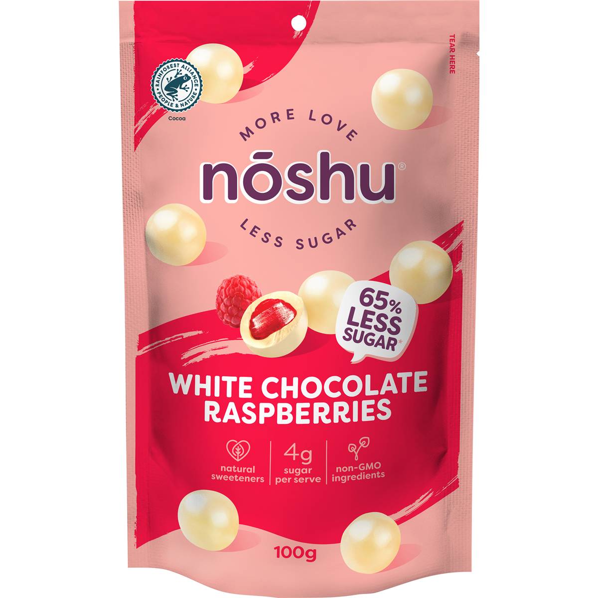 Noshu Less Sugar White Chocolate Raspberry Bites 100g | Woolworths