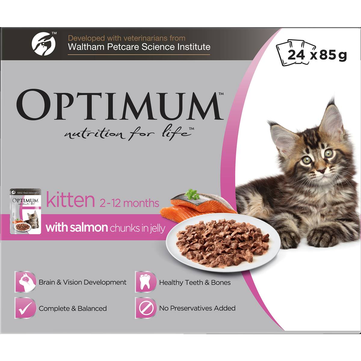 Optimum Kitten Food With Salmon Chunks In Jelly 24 Pack 2.4kg | Woolworths
