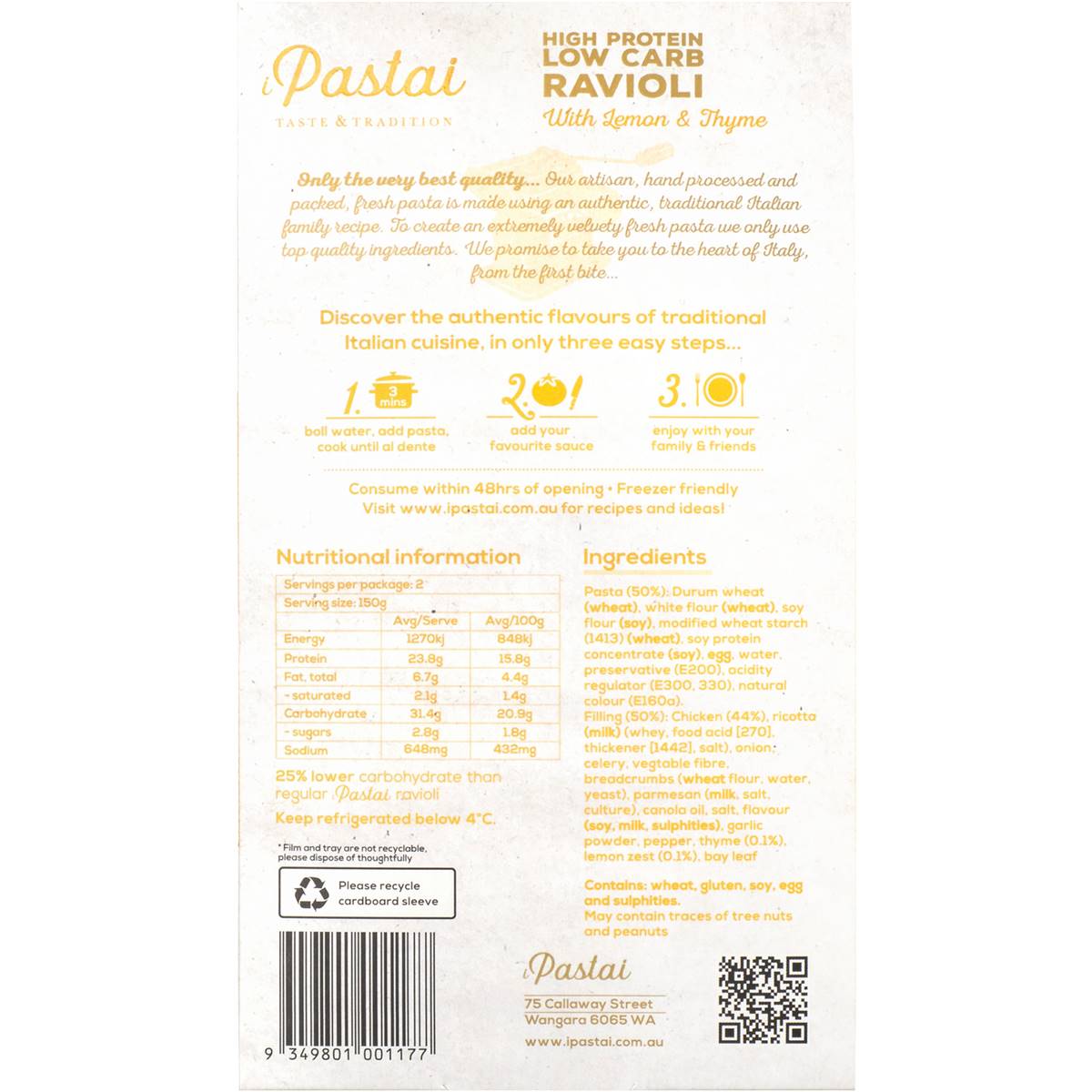 Ipastai High Protein Low Carb Ravioli Chicken, Lemon & Thyme 300g ...