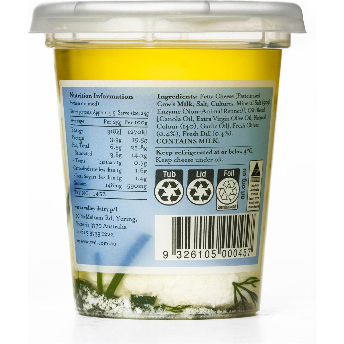 Yarra Valley Persian Fetta Dill & Chives 180g | Woolworths