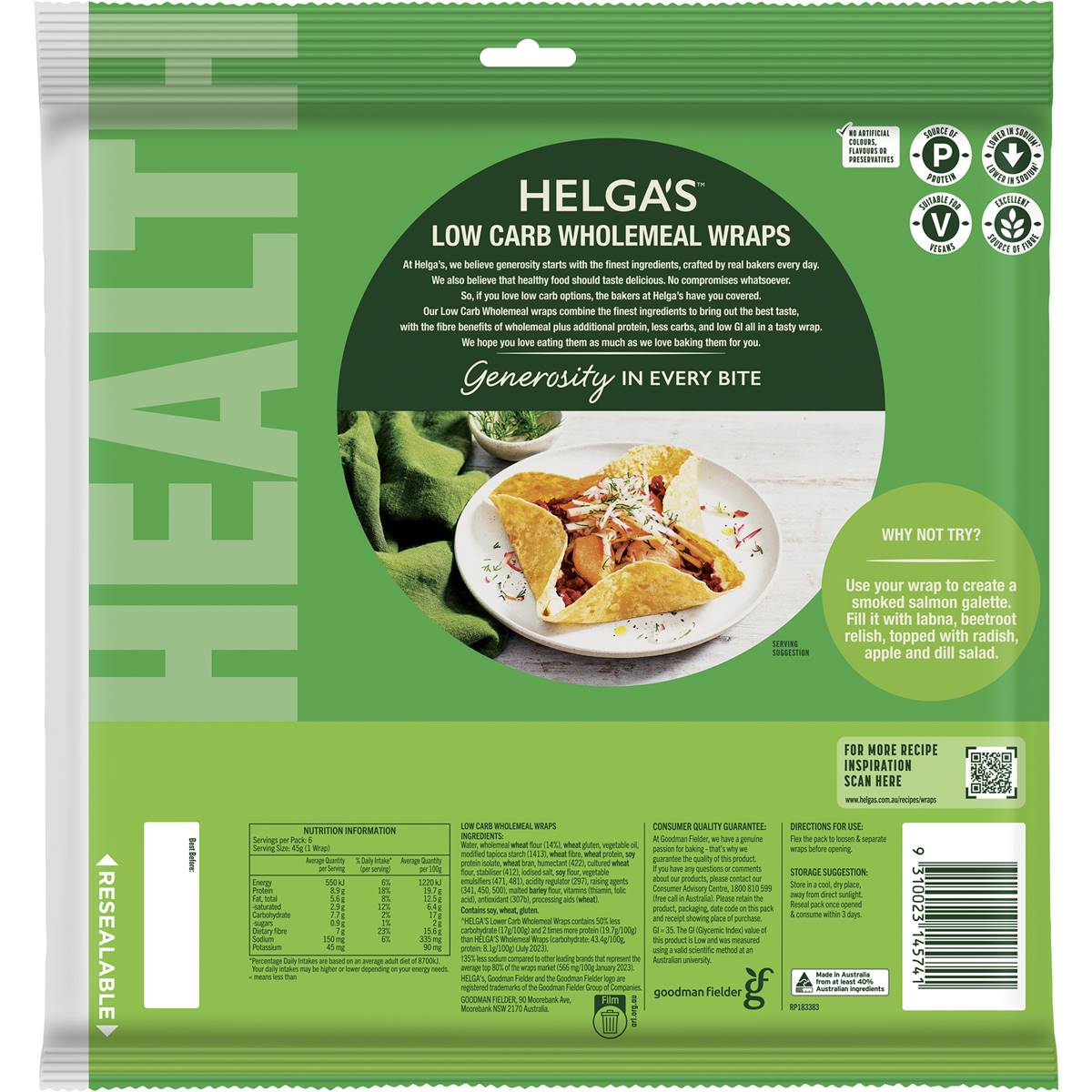 Helga's Wholemeal Lower Carb Wraps 6 Pack | Woolworths