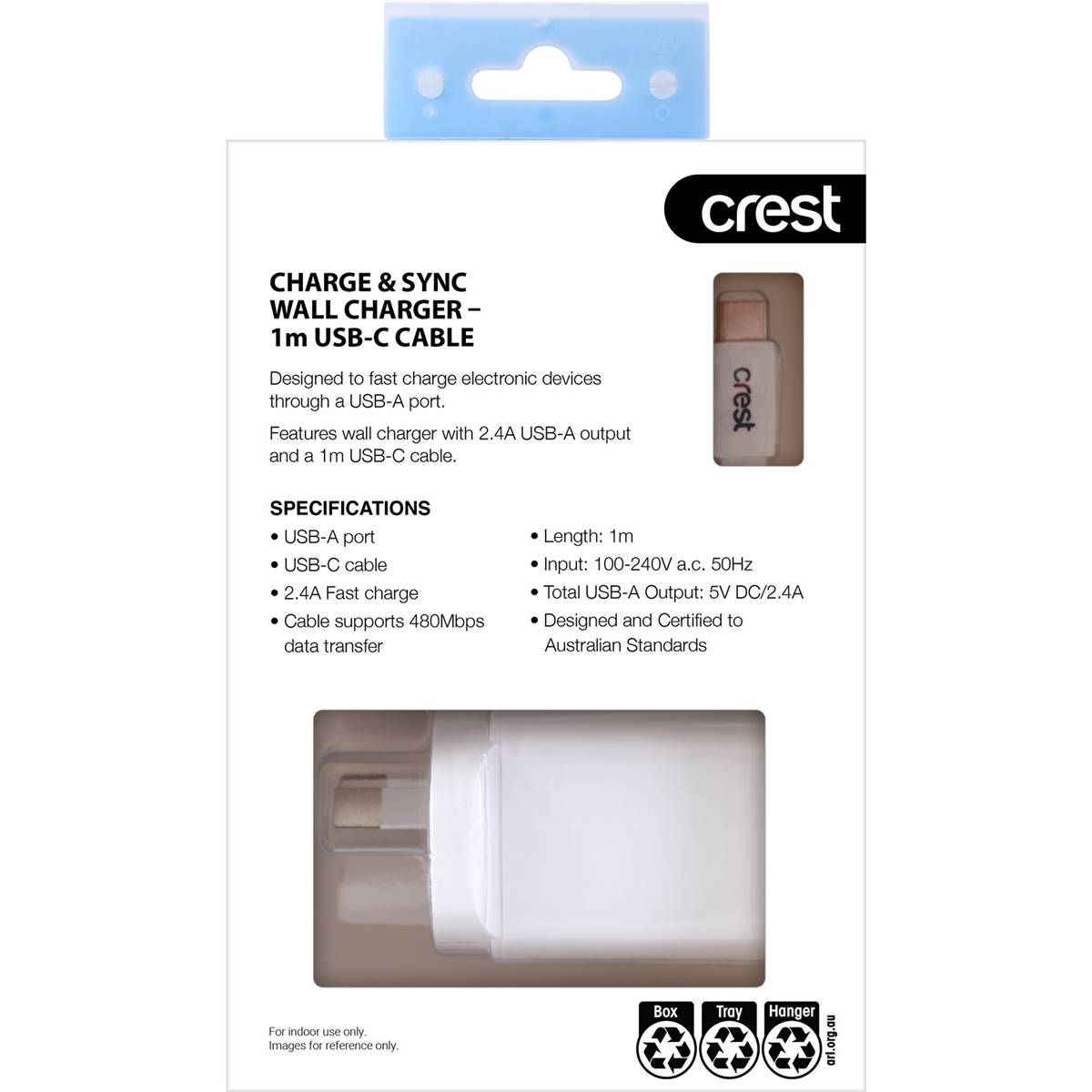 Crest Usb-c/usb-a Wall Charger 1m Usb-c Cable Each | Woolworths