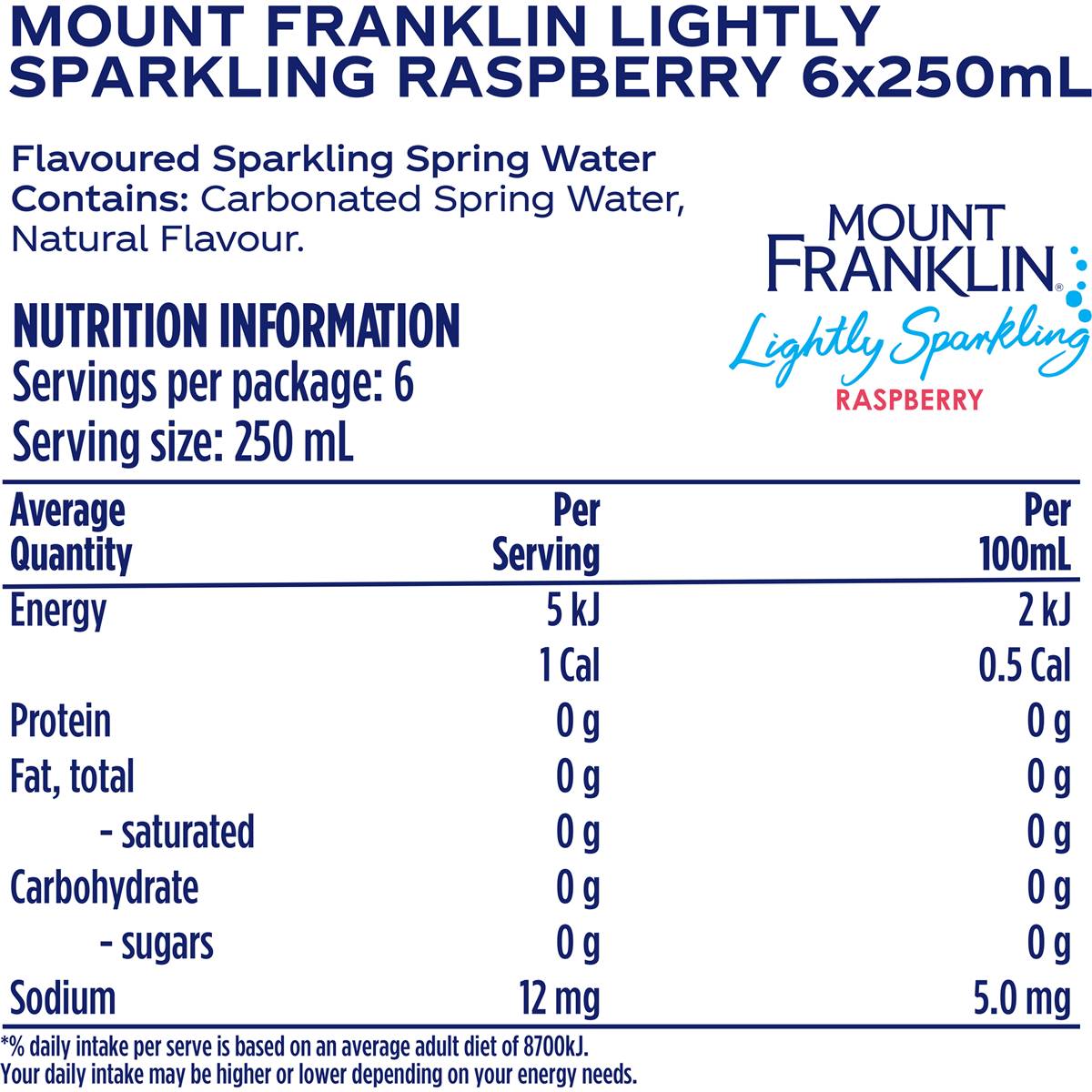 Mount Franklin Lightly Sparkling Water Raspberry Cans 250ml X 6 Pack | Woolworths