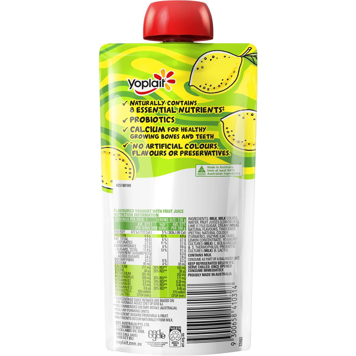 Yoplait Lemon Burst Pouch Yogurt 130g | Woolworths