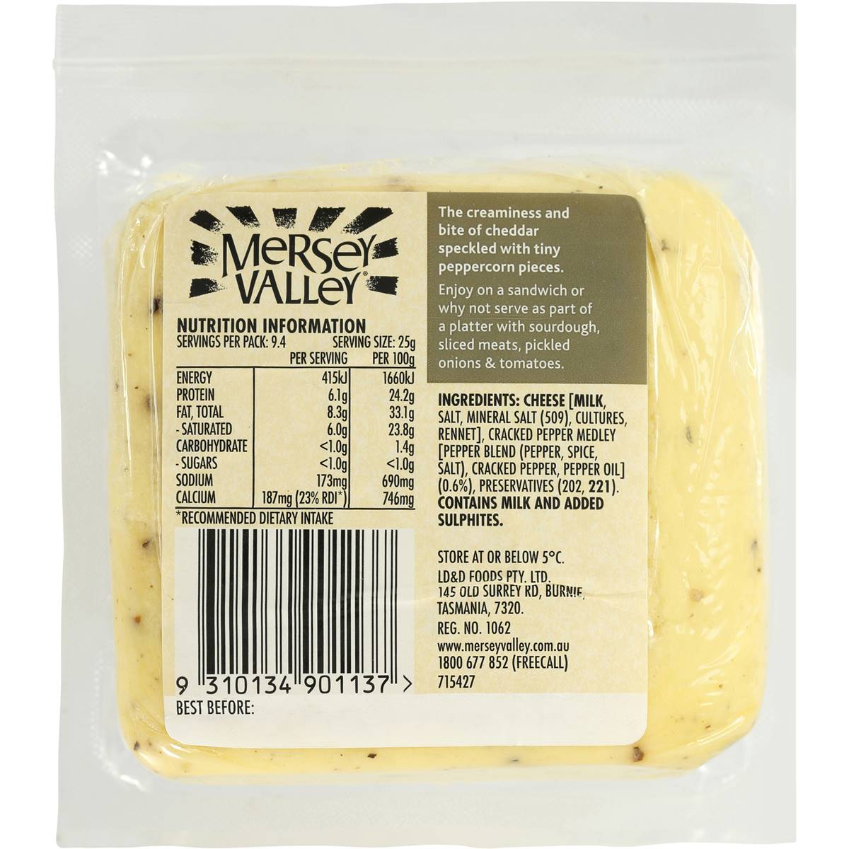 Mersey Valley Peppercorn Medley Cheddar Cheese 235g | Woolworths