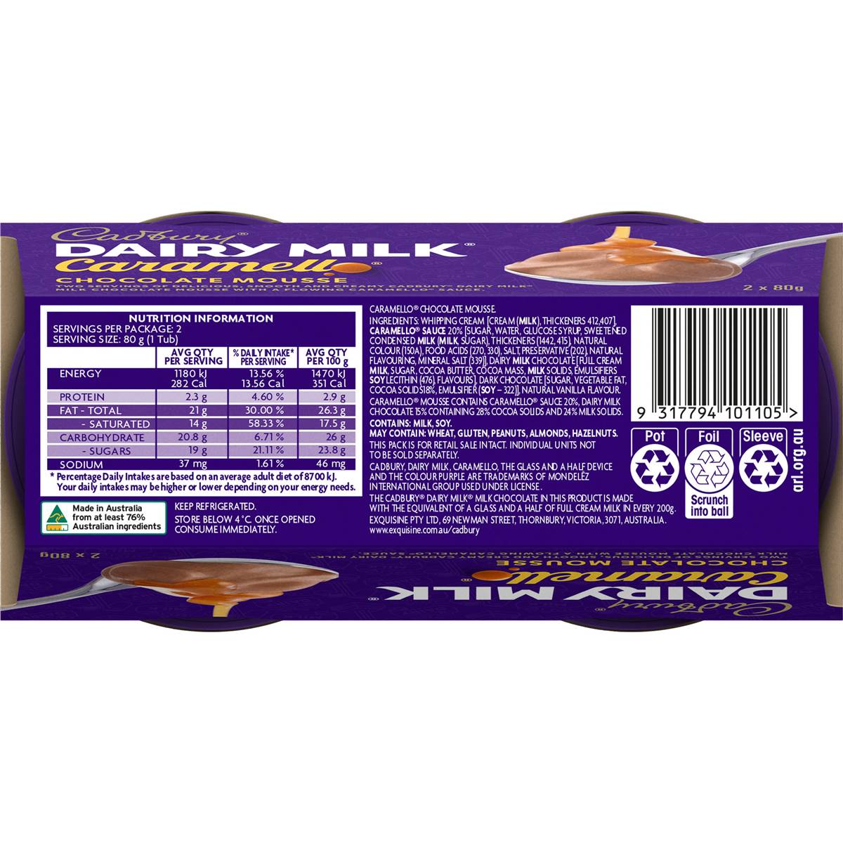 Cadbury Caramello Chocolate Mousse 80g X 2 Pack | Woolworths