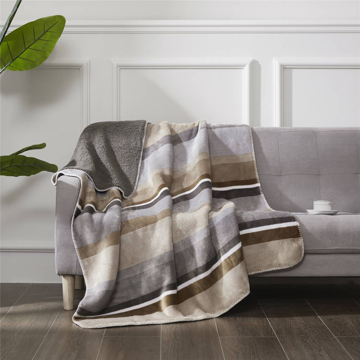Inspire Pattern Flannel Throw With Sherpa Back Beige Each | Woolworths