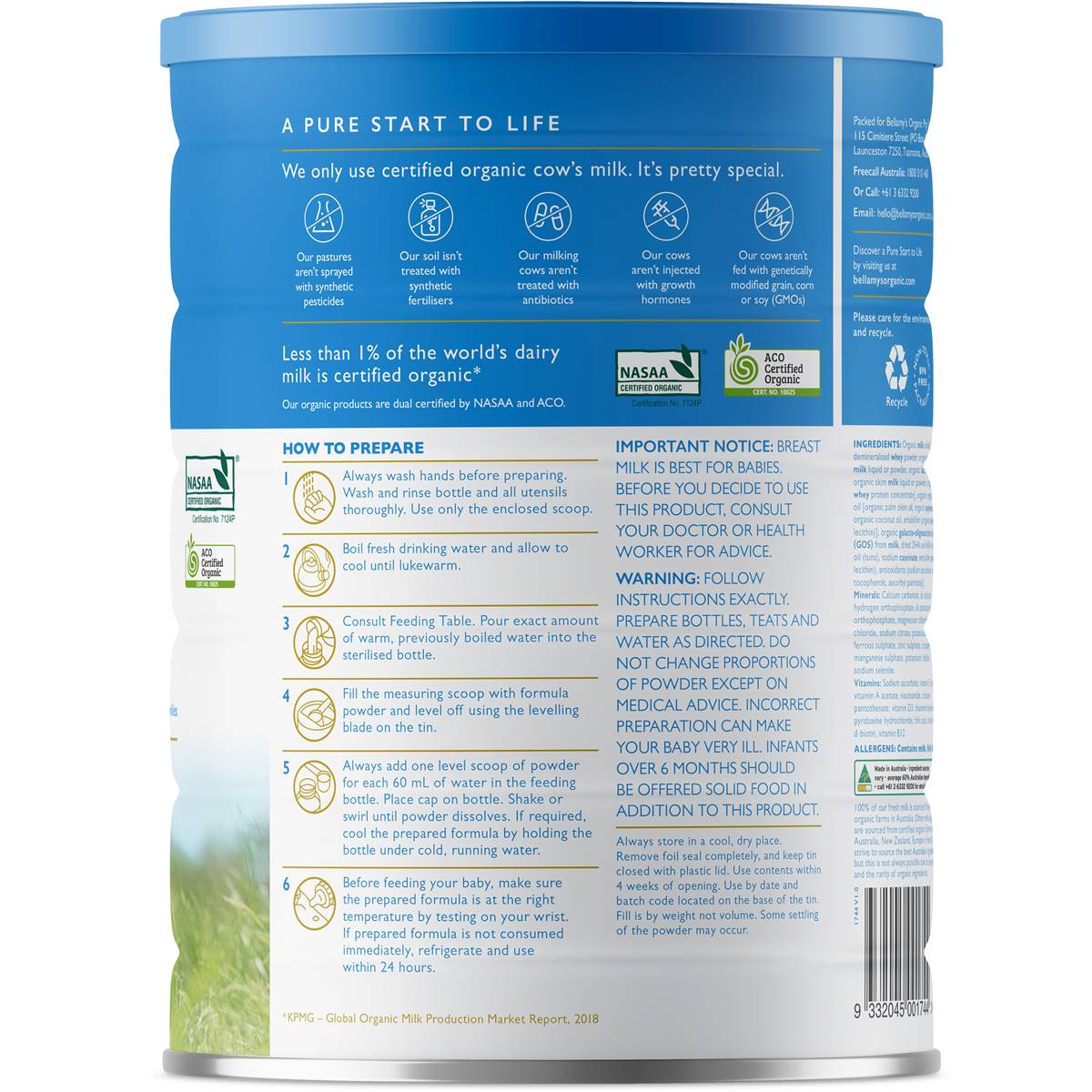 Bellamy's Organic Infant Baby Formula Stage 1 From Birth To 6 Mo 900g ...