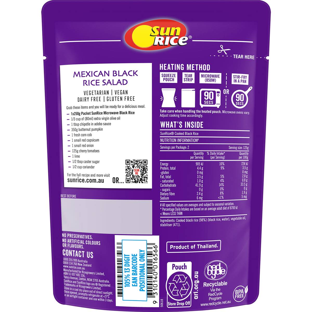 Sunrice Microwave Black Rice Pouch 250g | Woolworths