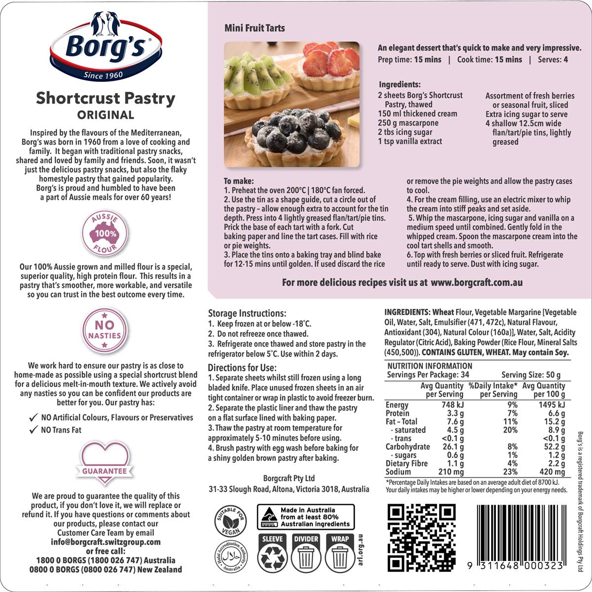 Borg's Shortcrust Pastry Value 1.7kg | Woolworths