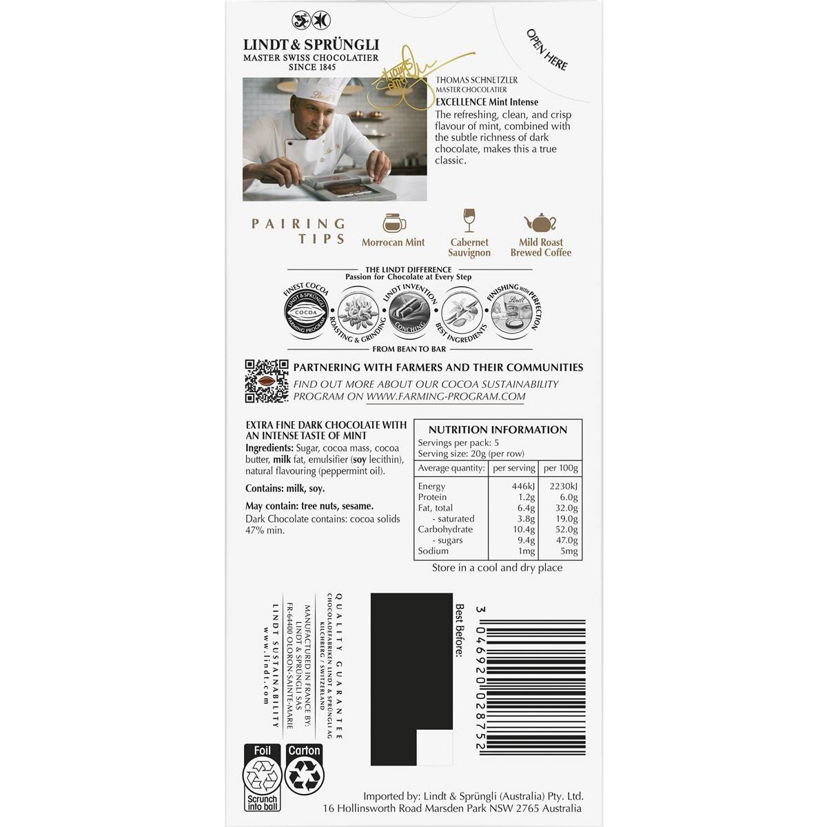 Lindt Excellence Mint Intense Dark Chocolate Block 100g | Woolworths