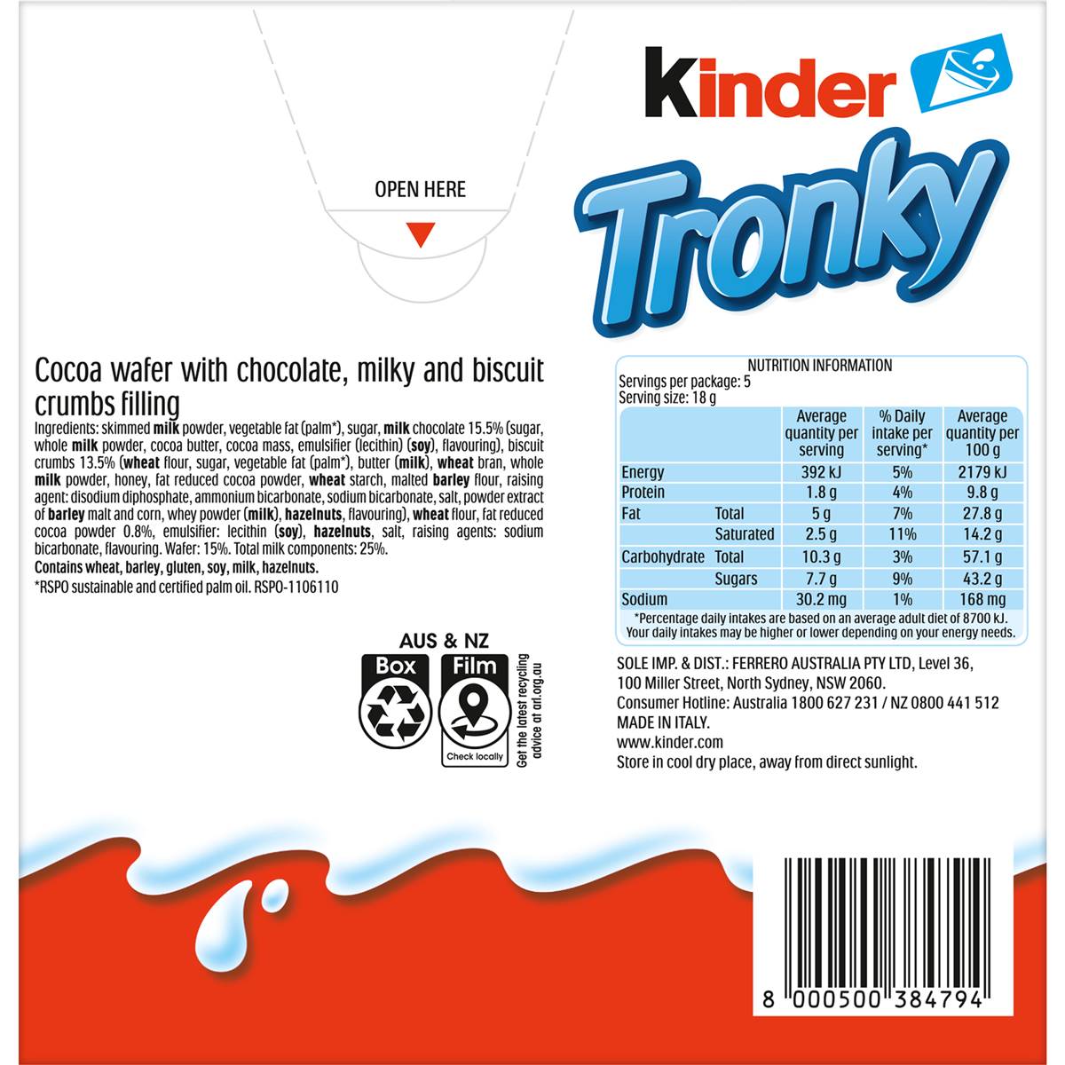 Kinder Tronky Creamy Chocolate Wafer Biscuit Multipack 5 Pack | Woolworths