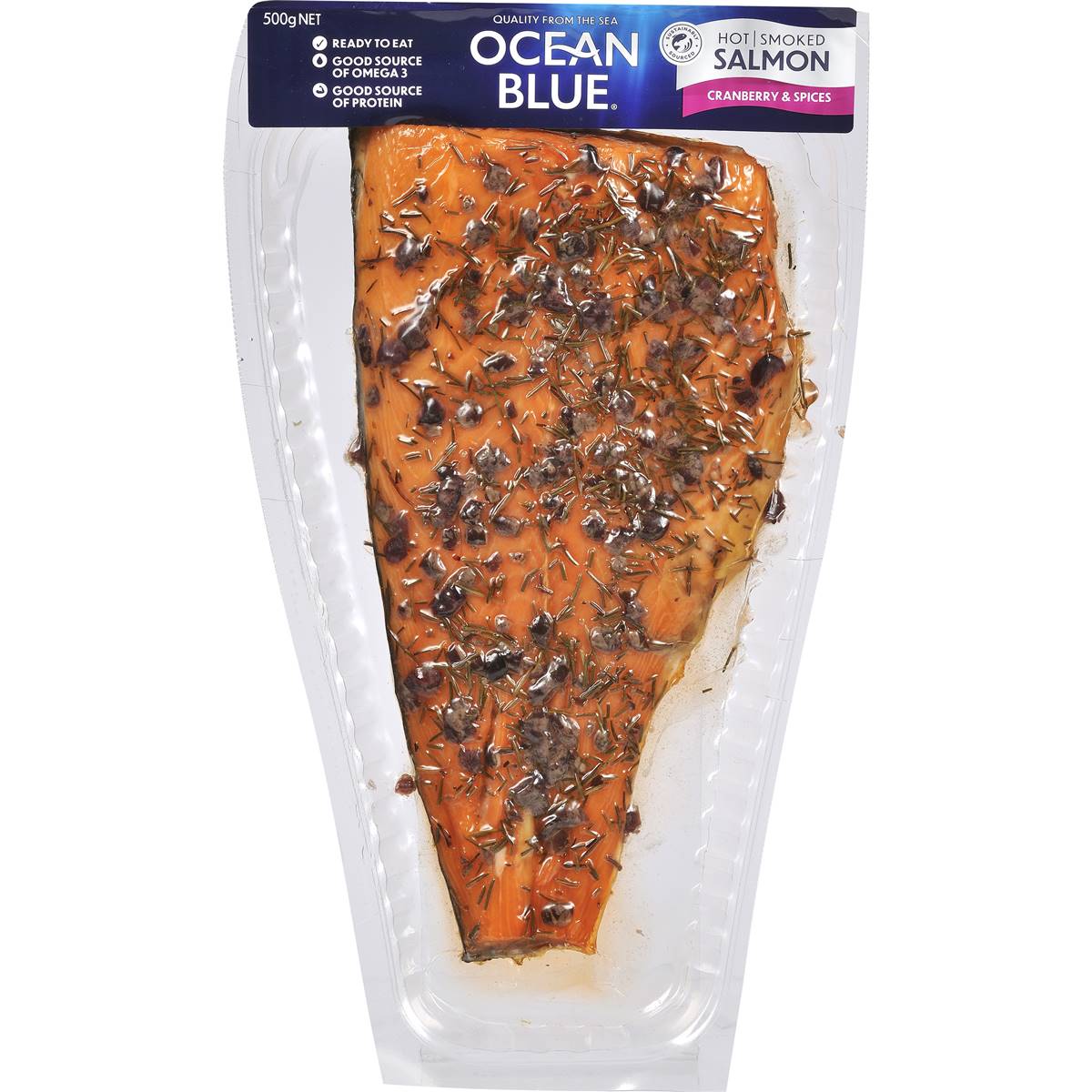 Ocean Blue Hot Smoked Salmon Cranberry & Spices 500g | Woolworths